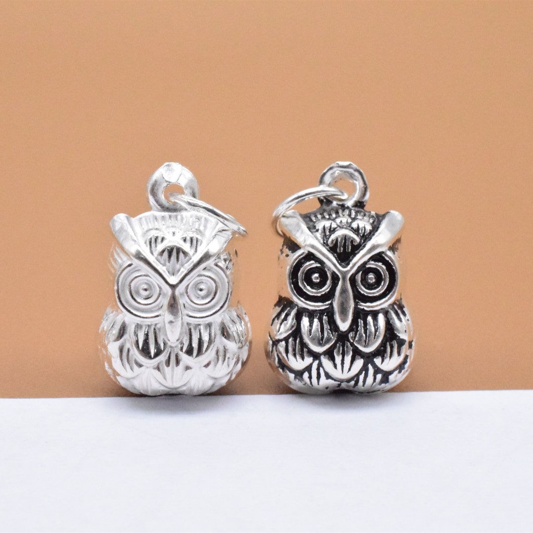 5 Sterling Silver Owl Charms W/ Tiny Ball Inside, 925 Silver Hollow ...