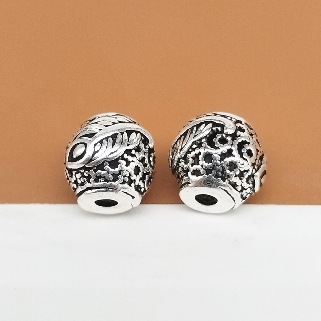 4 Sterling Silver Peacock Feather Beads, 925 Silver Peacock Bead ...