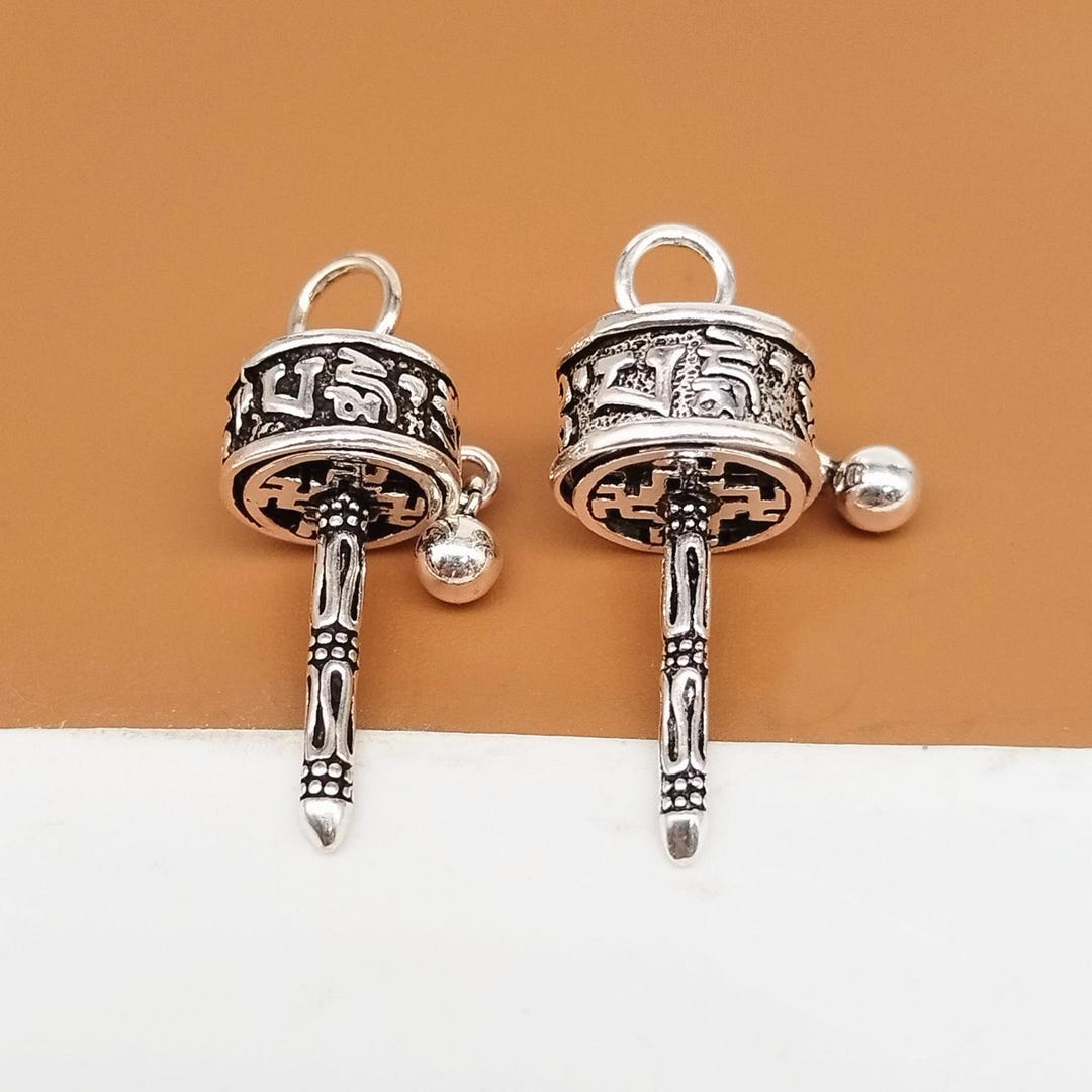 Sterling Silver Prayer Wheel Charm W/ Bead, 925 Silver Spinning Om ...