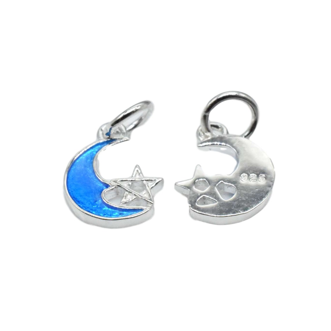 4 Sterling Silver Blue Moon Charms Enameled, 925 Silver Moon and Star ...