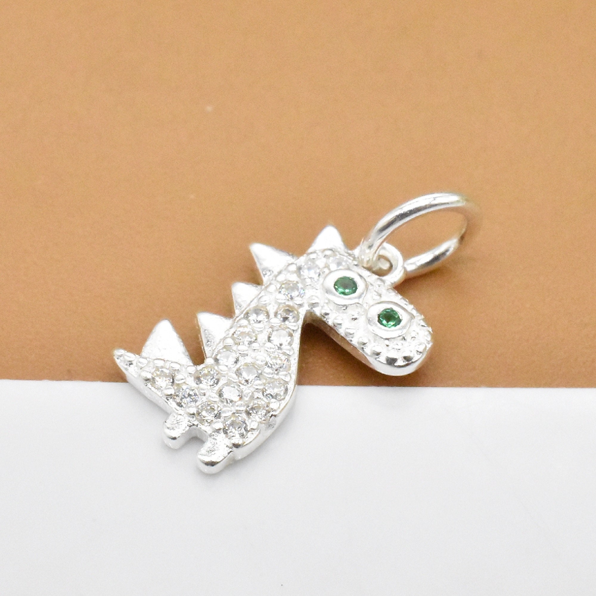 2 Sterling Silver Dinosaur Charms With CZ 925 Silver Shiny - Etsy