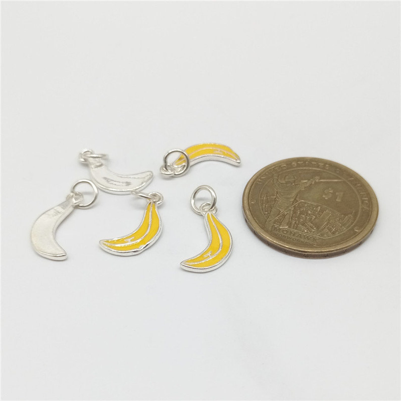 5 Sterling Silver Banana Charms Enameled, 925 Silver Enamel Banana ...