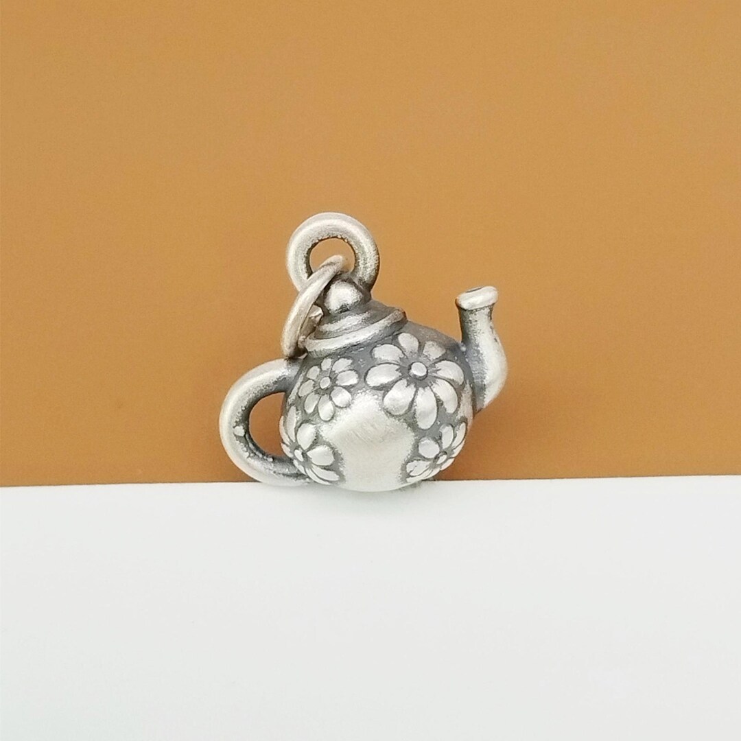 990 Fine Silver Teapot Charm 3D, Sterling Silver Flower Teapot Charm ...
