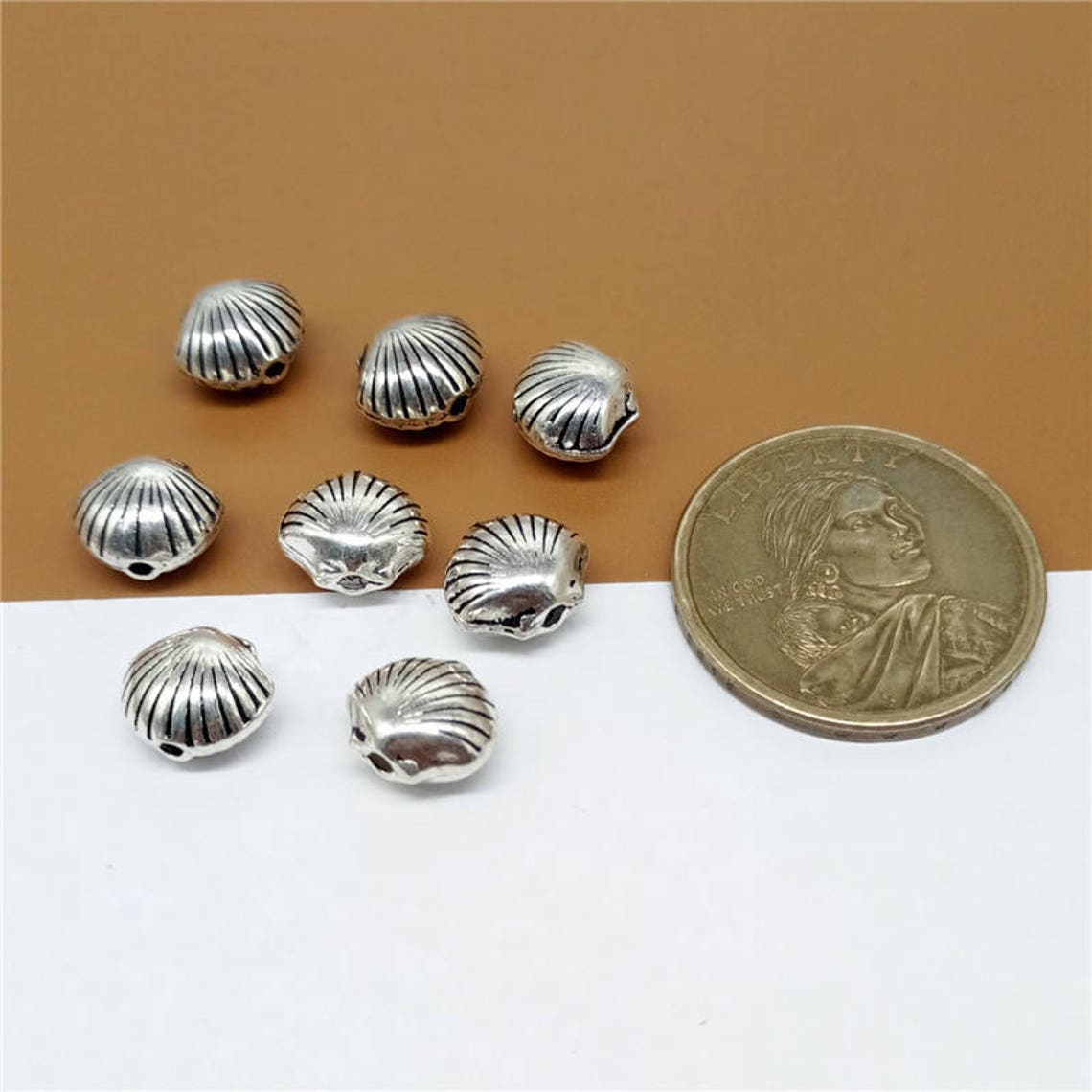 5 Sterling Silver Shell Beads, Sterling Shell Beads, 925 Silver Shell ...