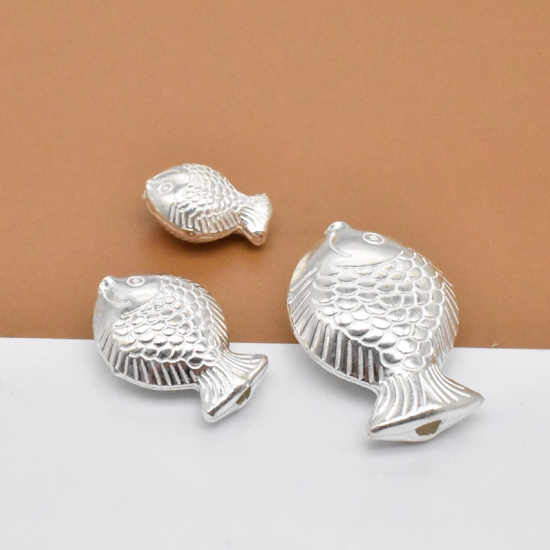 4 Sterling Silver Fish Beads 3D 2-sided, 925 Silver Fish Beads, Shiny ...