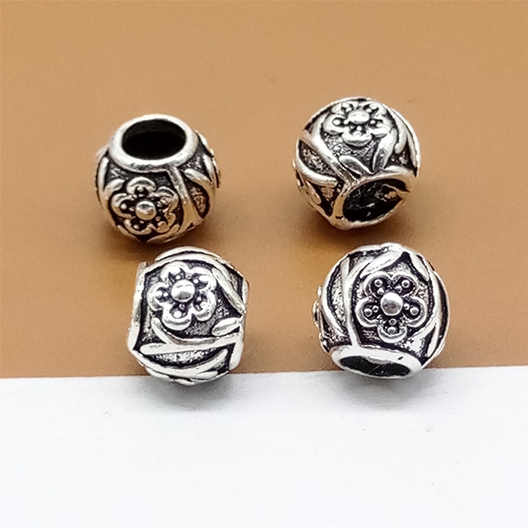 5 Sterling Silver Flower Beads 4mm Hole, 925 Silver Flower Beads ...