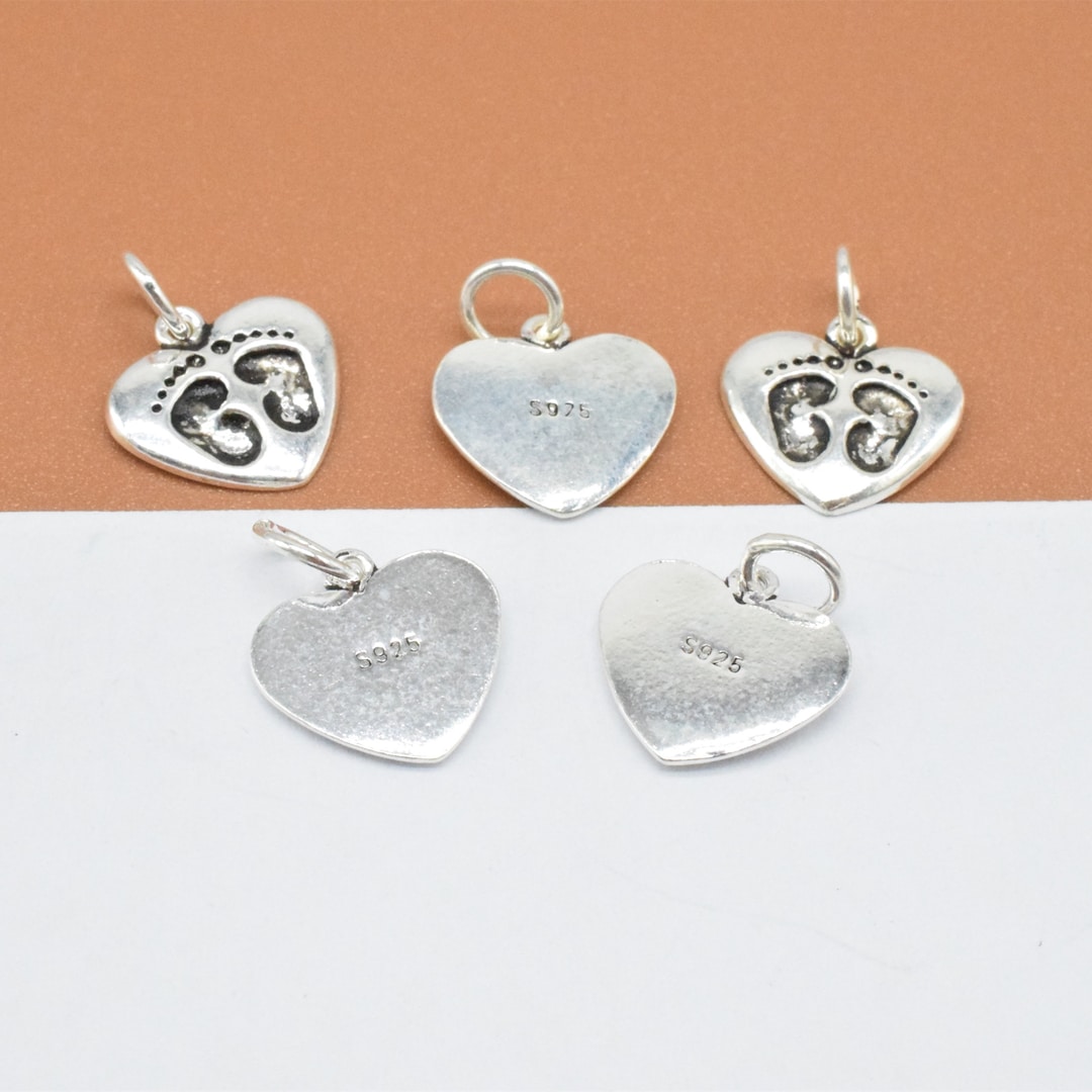 5 Sterling Silver Heart Charms, 925 Silver Footprint Charm, Love Charm ...