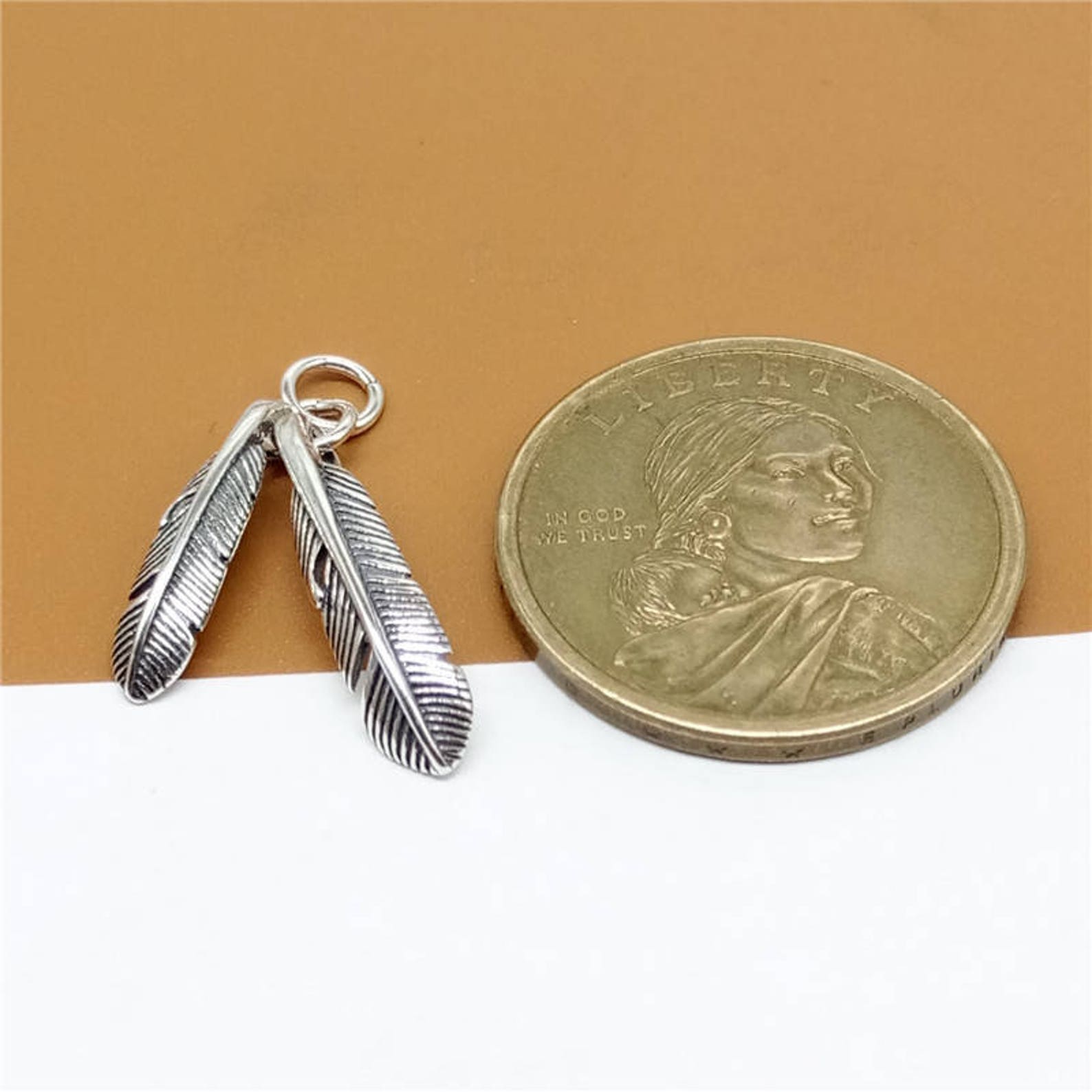 Sterling Silver Double Feather Charm, Sterling Double Feather Pendant ...