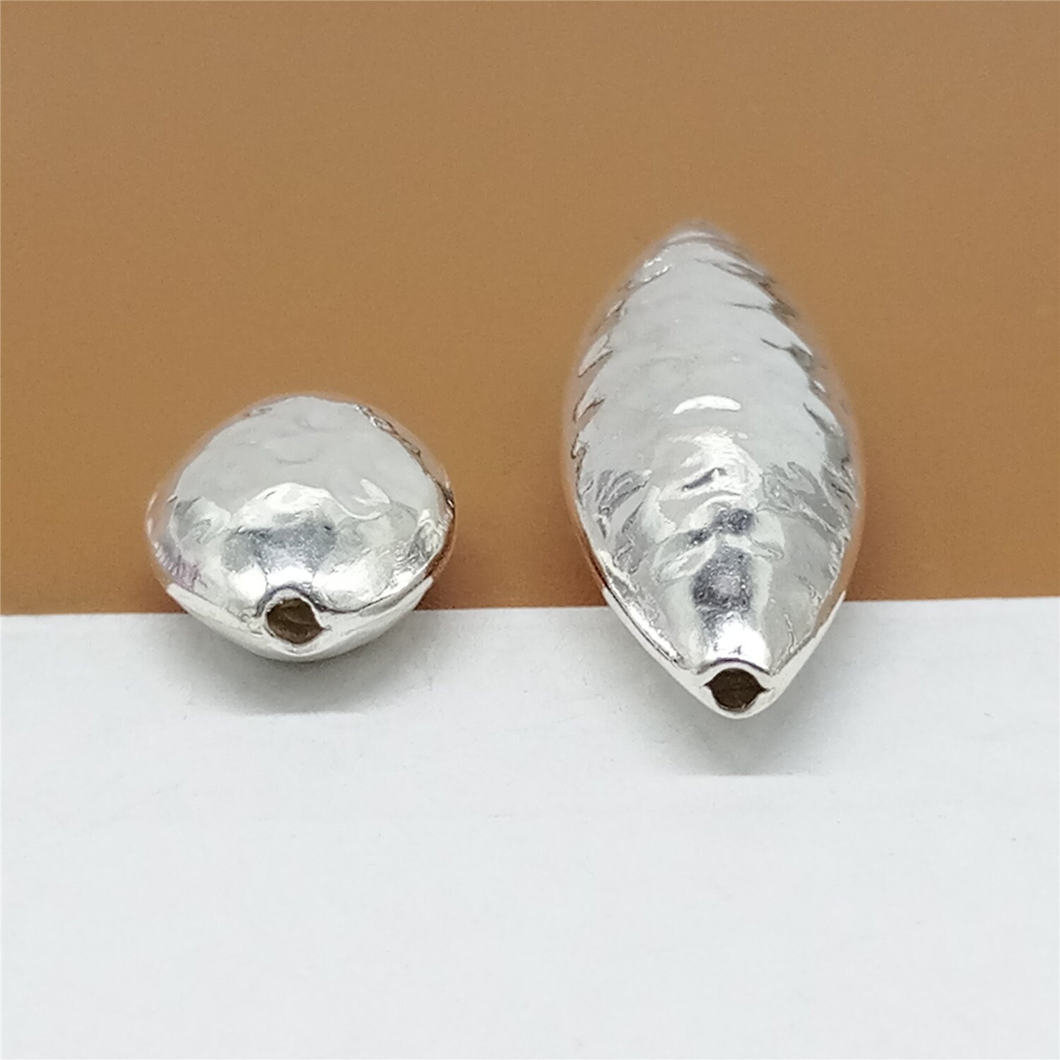 2 Sterling Silver Olive Beads, Shiny Hammered Oval Beads, 925 Silver ...