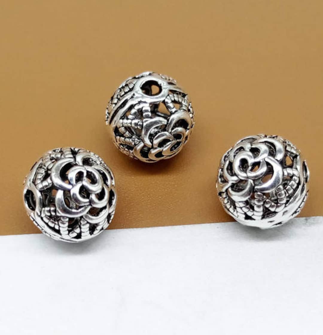 2 Sterling Silver Rose Round Beads, 925 Silver Rose Flower Bead, Hollow ...