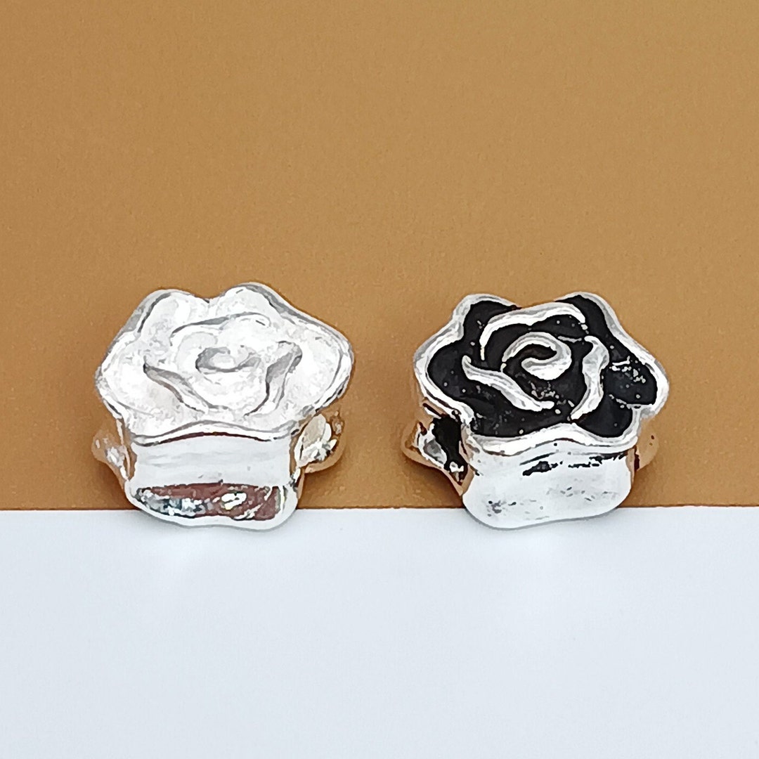 Sterling Silver Rose Flower Bead 2-sided, 925 Silver Rose Bead, Spacer ...