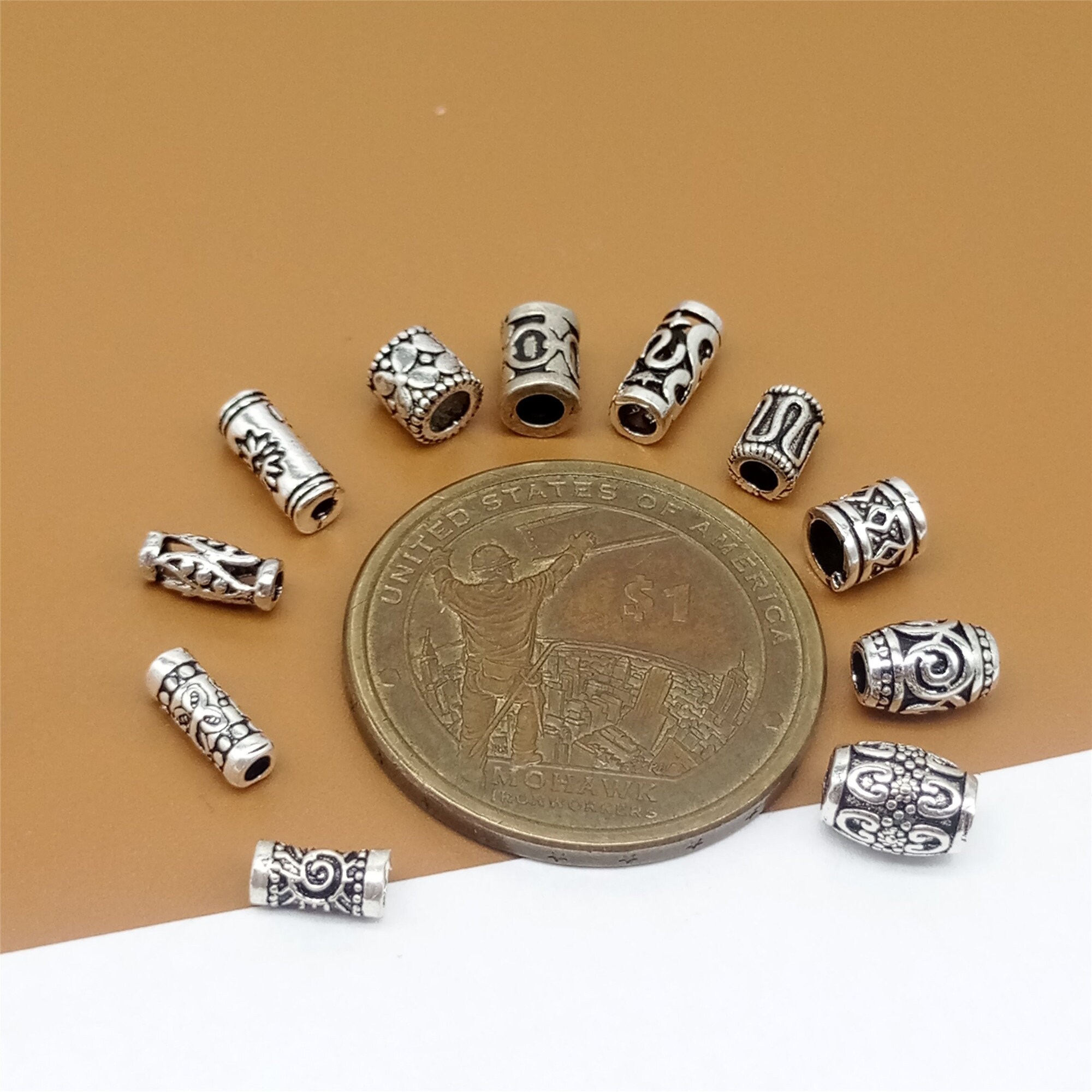 2 Sterling Silver Small Tube Beads, Patterned Beads, 925 Silver Tube ...