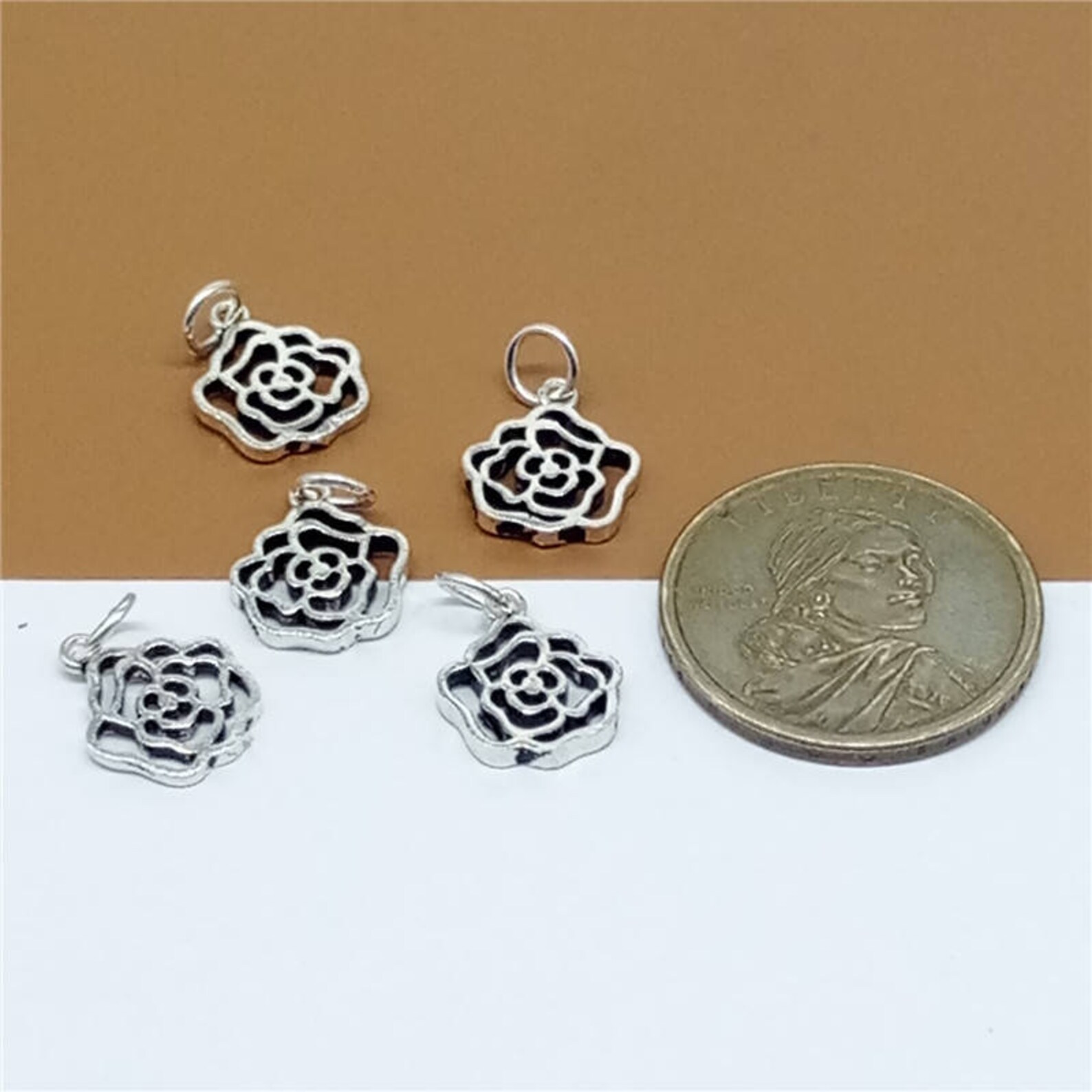 5 Sterling Silver Rose Charms, 925 Silver Rose Charms, Rose Flower ...