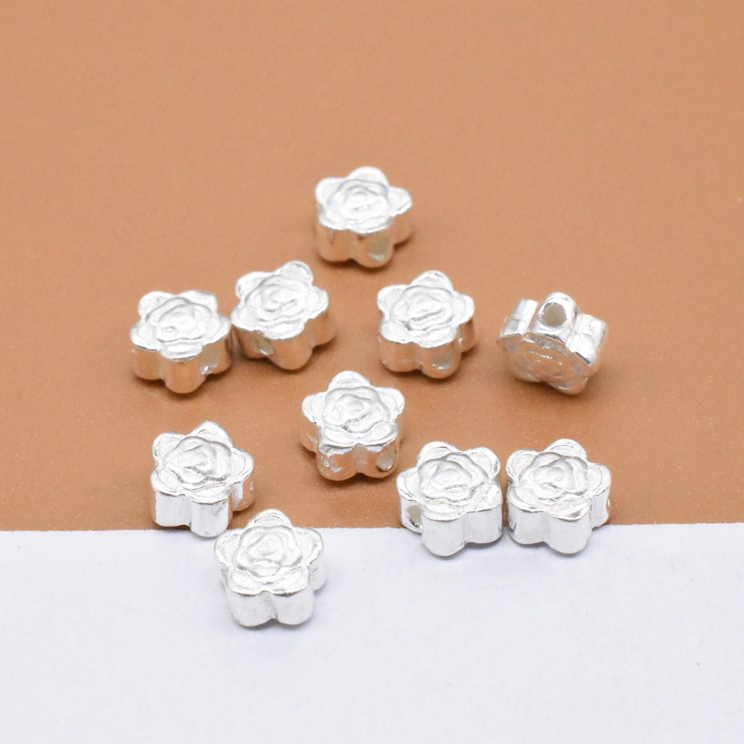 10 Sterling Silver Rose Beads 2-sided, 925 Silver Rose Bead, Rose ...