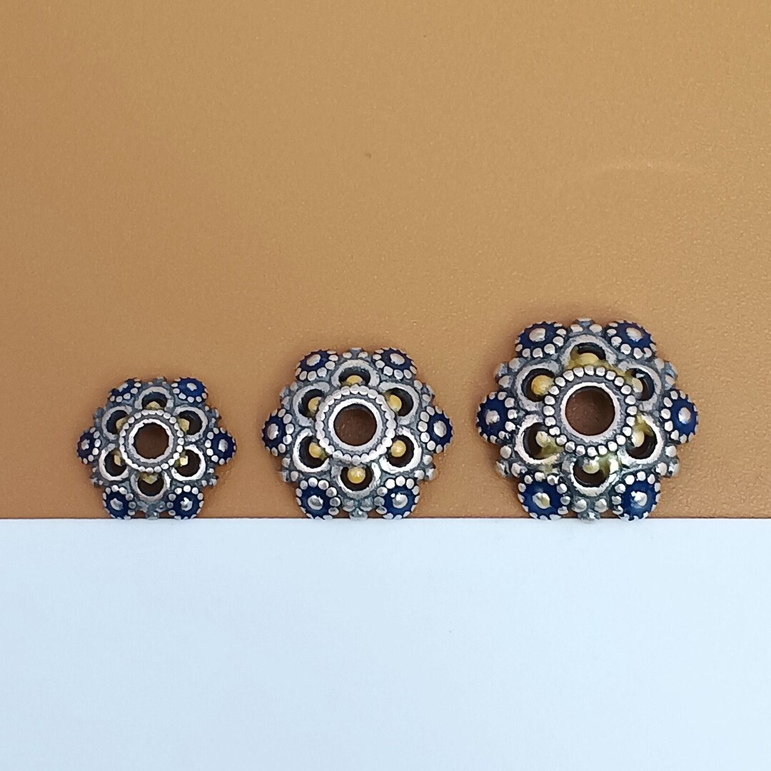 Sterling Silver Flower Bead Caps Enameled, 925 Silver Blossom Bead Cap ...