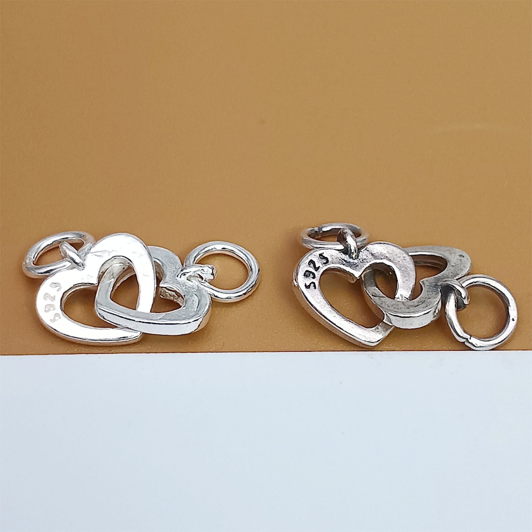 4 Sterling Silver Double Heart Charms, 925 Silver Interlocking Heart ...