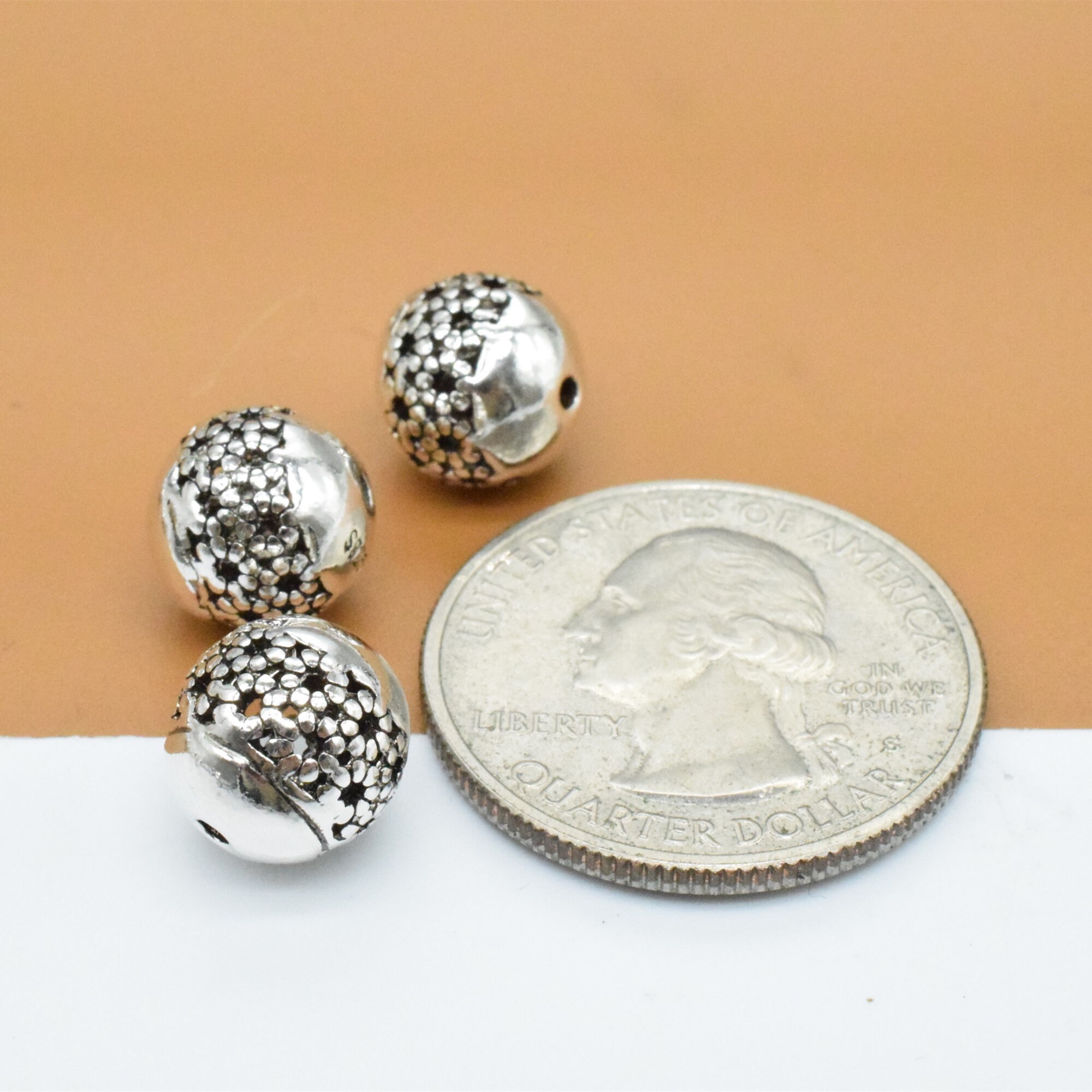 4 Sterling Silver Flower Round Beads Sterling Silver Hollow - Etsy