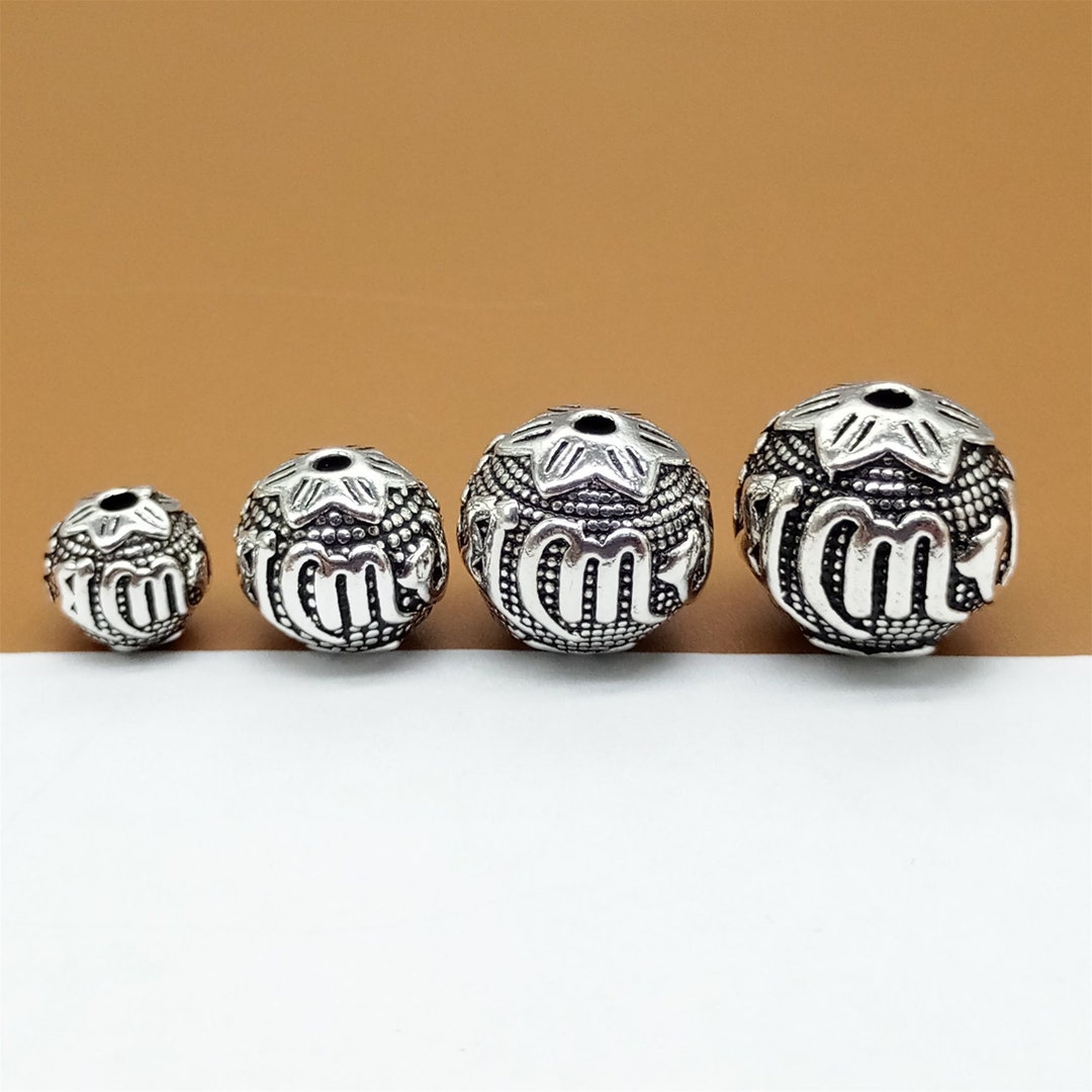 Sterling Silver Om Round Bead, Om Mani Padme Hum Bead, 925 Silver Om ...