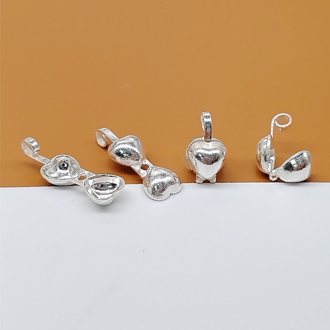 15 Sterling Silver Heart Clamshell End Tip Covers, 925 Silver Fold Over ...