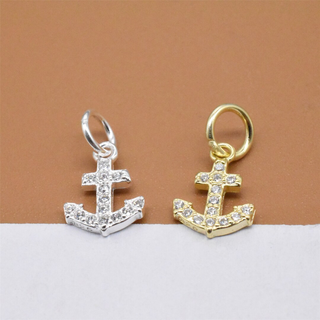 5 Sterling Silver Anchor Charms W/ CZ, 925 Silver Small Anchor Charm, Gold Plated CZ Anchor ...