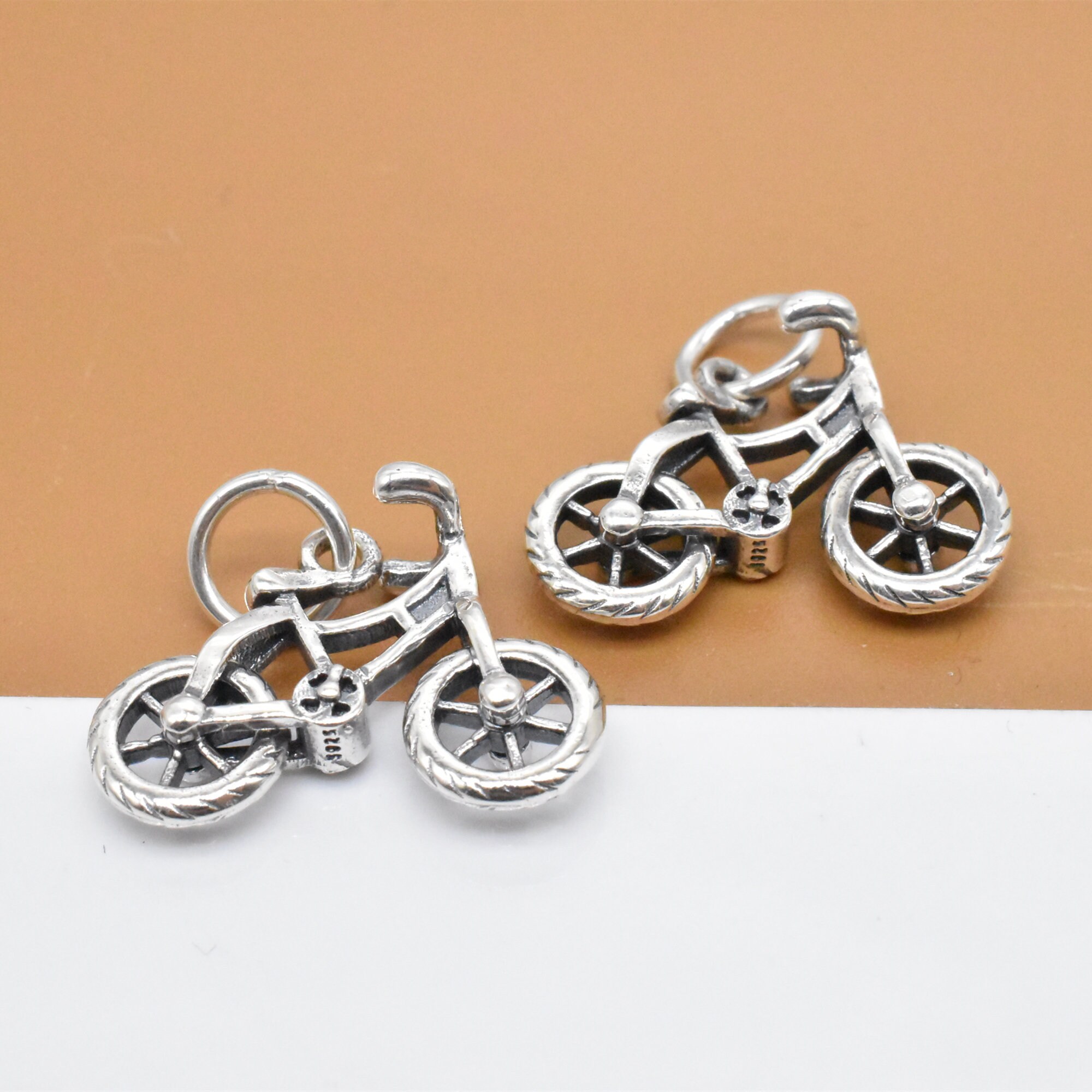 Sterling Silver Bicycle Charm 3D, 925 Silver Bike Charm, Spinning Tire ...