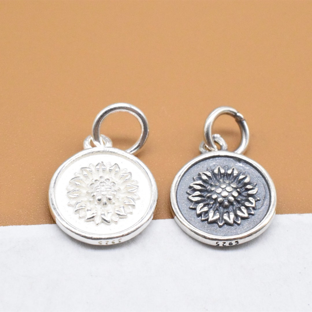 4 Sterling Silver Sunflower Charms 2-sided, 925 Silver Sun Flower Small ...