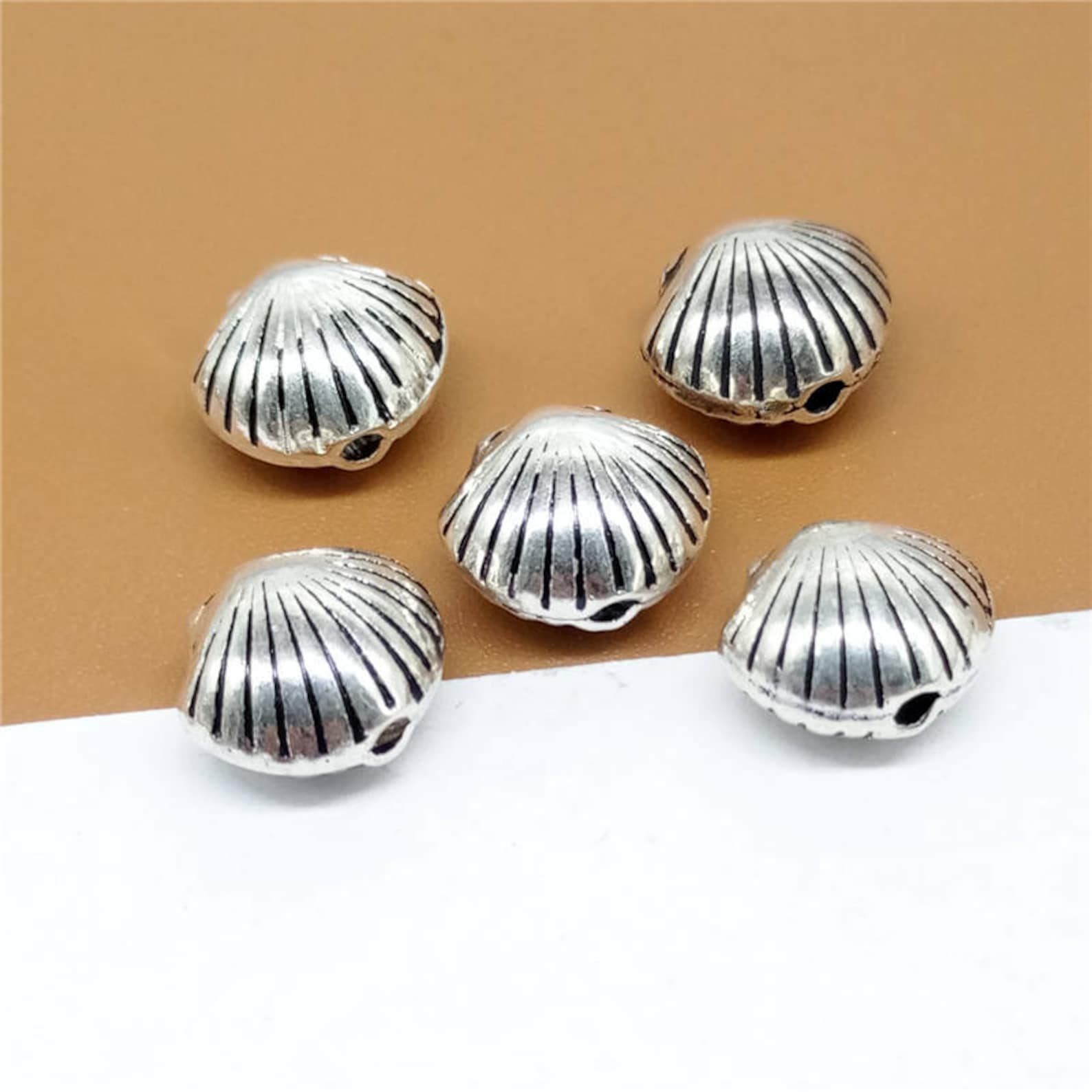 2 Sterling Silver Shell Beads, Sterling Shell Beads, 925 Silver Shell ...