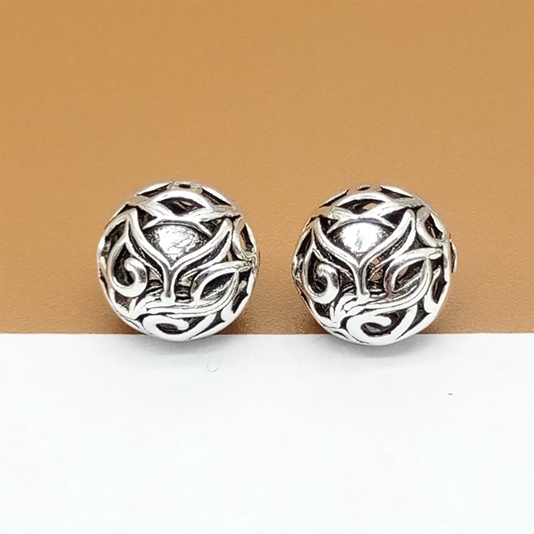 5 Sterling Silver Fox Beads, 925 Silver Fox Beads, Hollow Round Bead ...