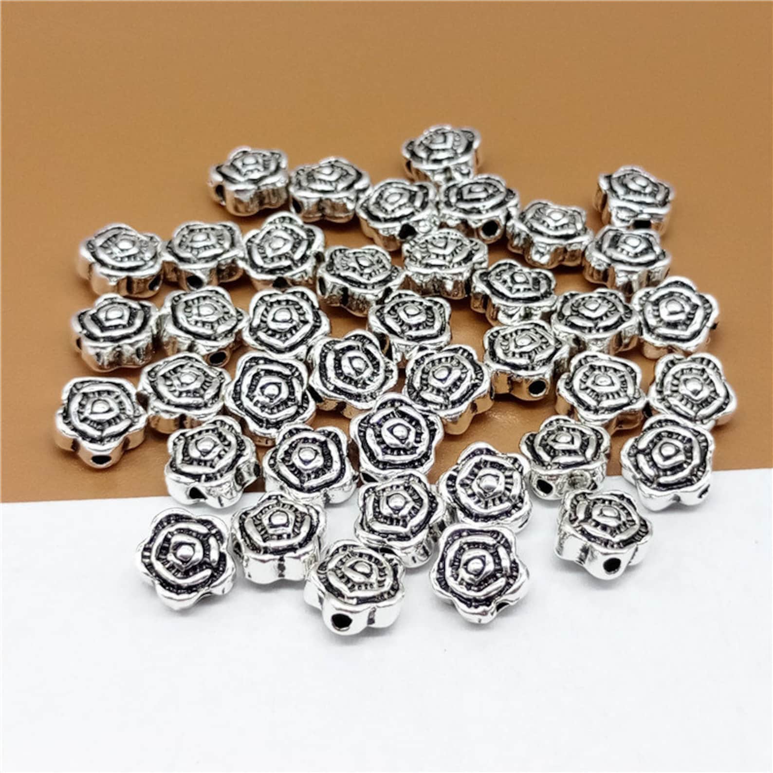 5 Sterling Silver Rose Flower Beads 2-sided, 925 Sterling Silver Rose ...