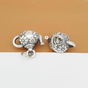 990 Fine Silver Teapot Charm 3D, Sterling Silver Flower Teapot Charm ...