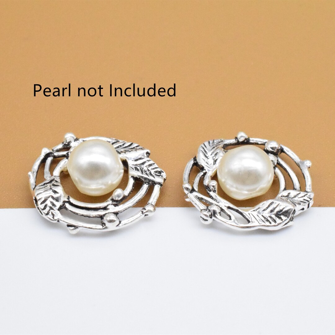 2 Sterling Silver Leaf Circle Bead Frames Fit 4-6mm Pearls, 925 Silver ...