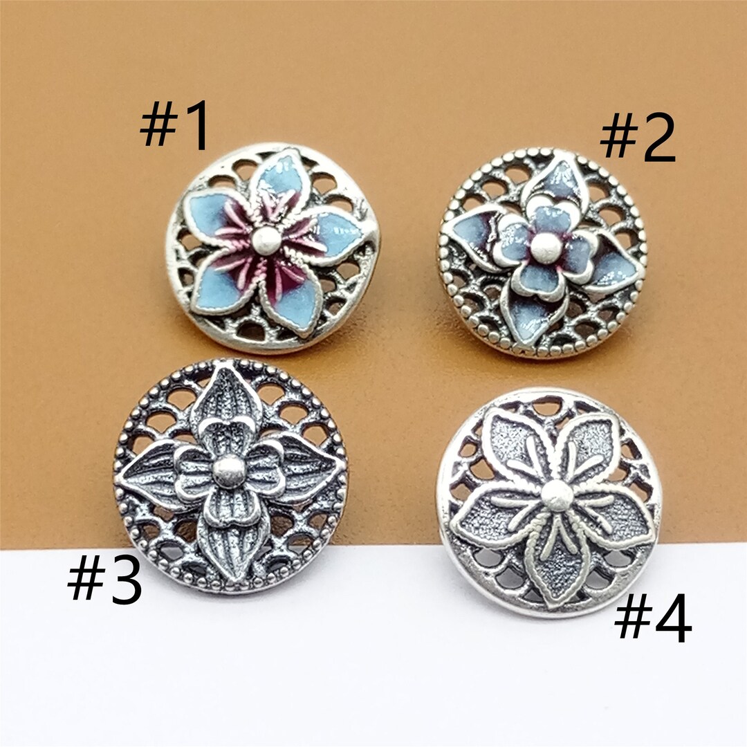 2 Sterling Silver Flower Button Beads, Enamel Button, 925 Silver Flower ...