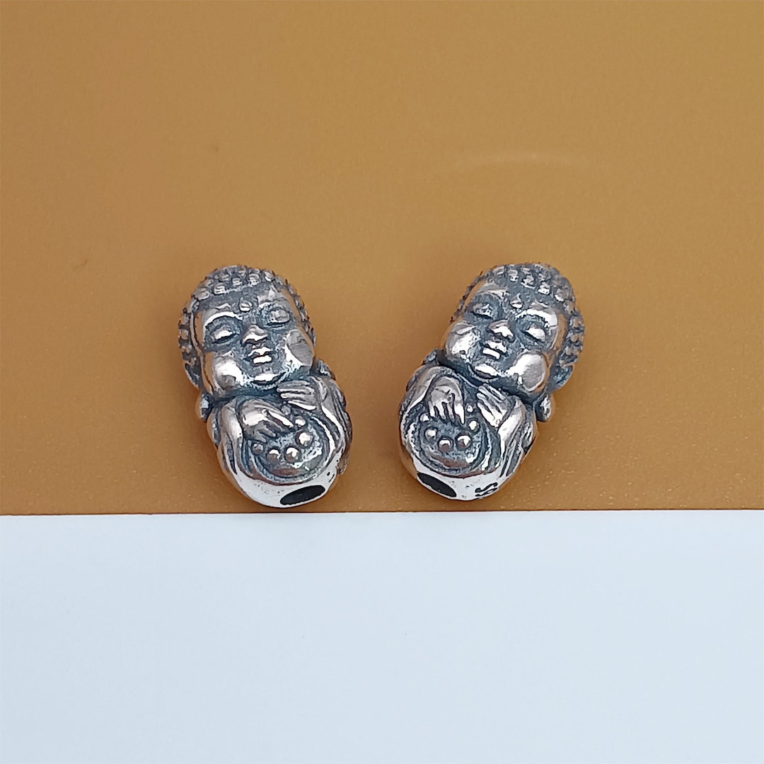 2 Sterling Silver Buddha Statue Beads, 925 Silver Buddha Guru Bead ...
