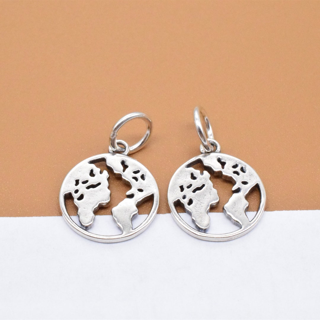 5 Sterling Silver World Map Charms 2-sided, 925 Silver Globe Charm ...