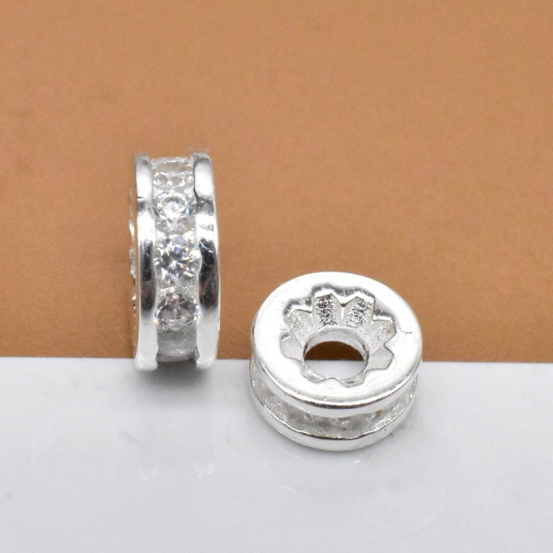 2 Sterling Silver Donut Beads With CZ, 925 Silver Donut Spacer Bead ...