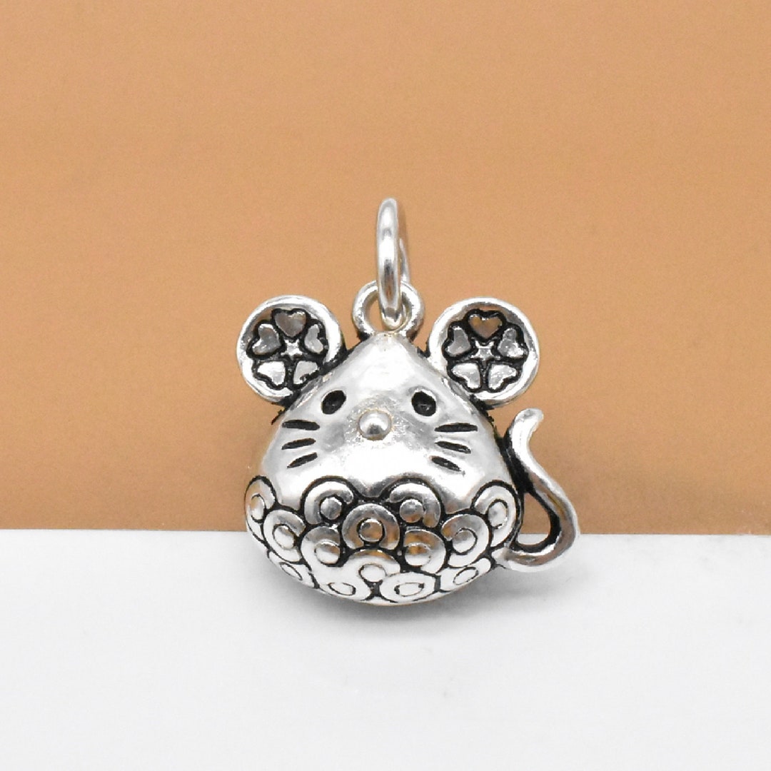 Sterling Silver Mouse Charm, 925 Silver Mouse Charm, Flower Mouse Charm ...