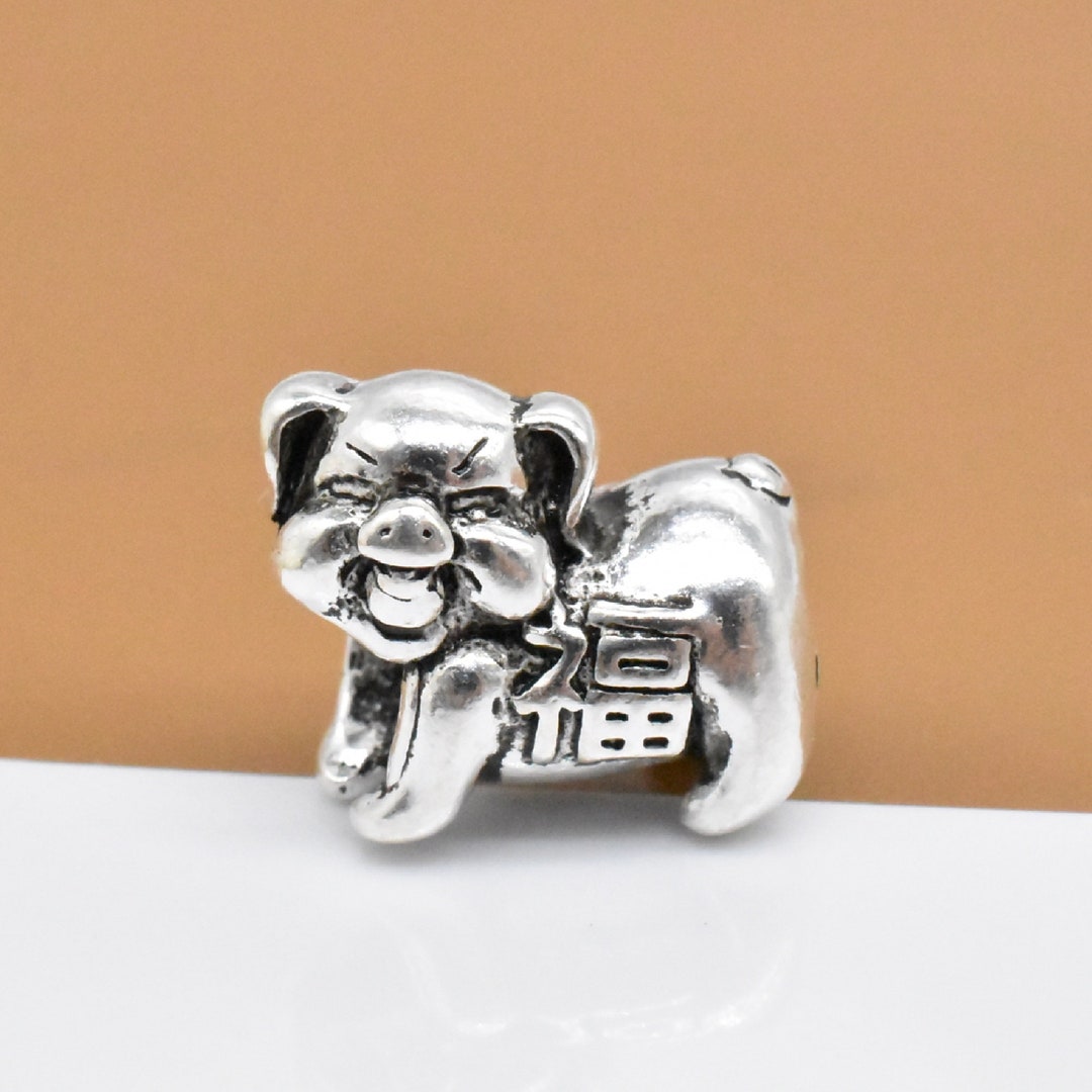 Sterling Silver Fortune Pig Bead 3D, 925 Silver Pig Bead, Good Fortune ...