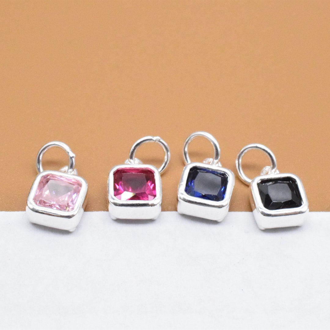 4 Sterling Silver Square Charms With CZ, 925 Silver Small Gemstone ...