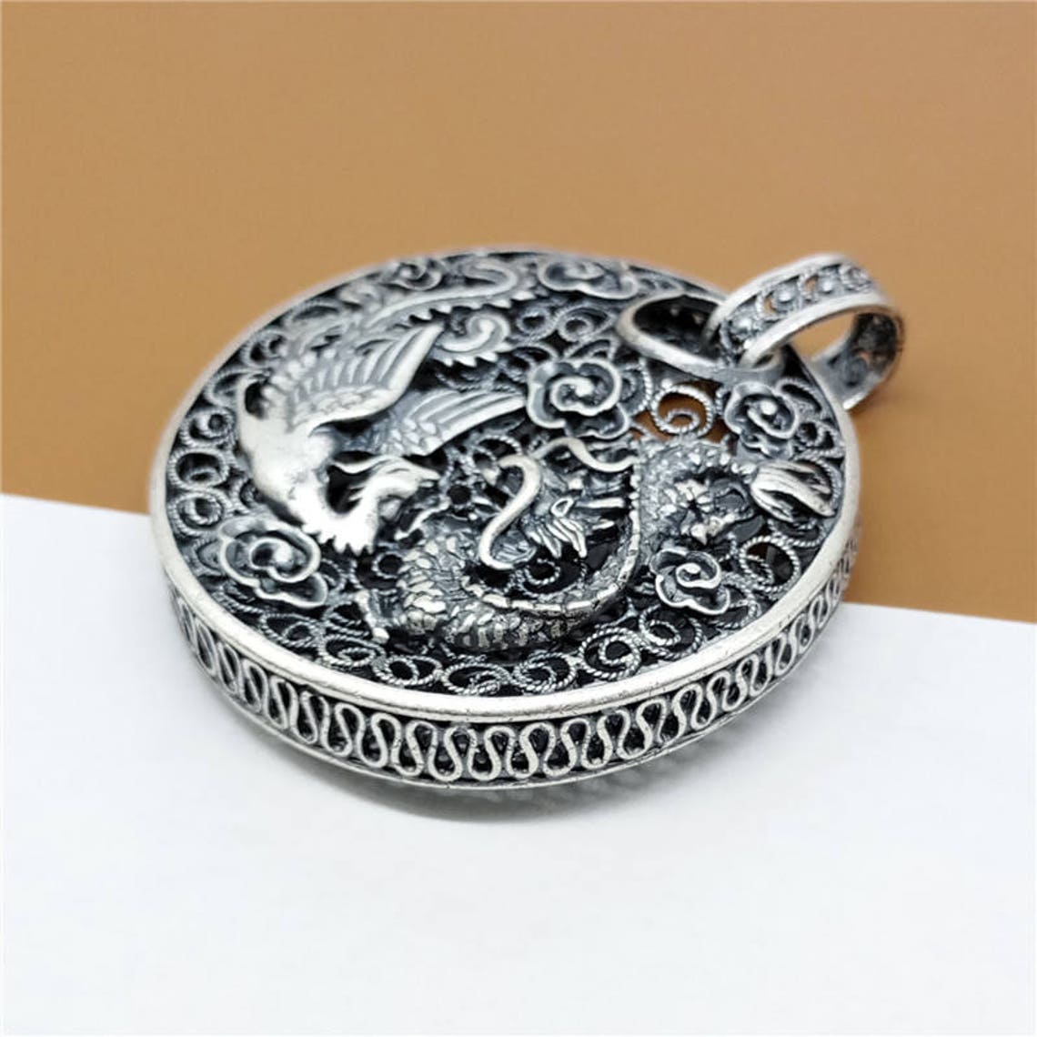 Sterling Silver Phoenix & Dragon Pendant, Hollow Round Pendant, 925 ...