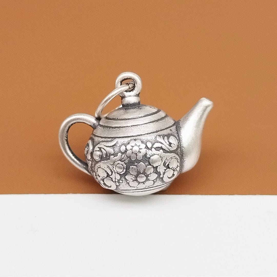 990 Fine Silver Flower Teapot Charm 3D, Sterling Silver Small Spiral ...