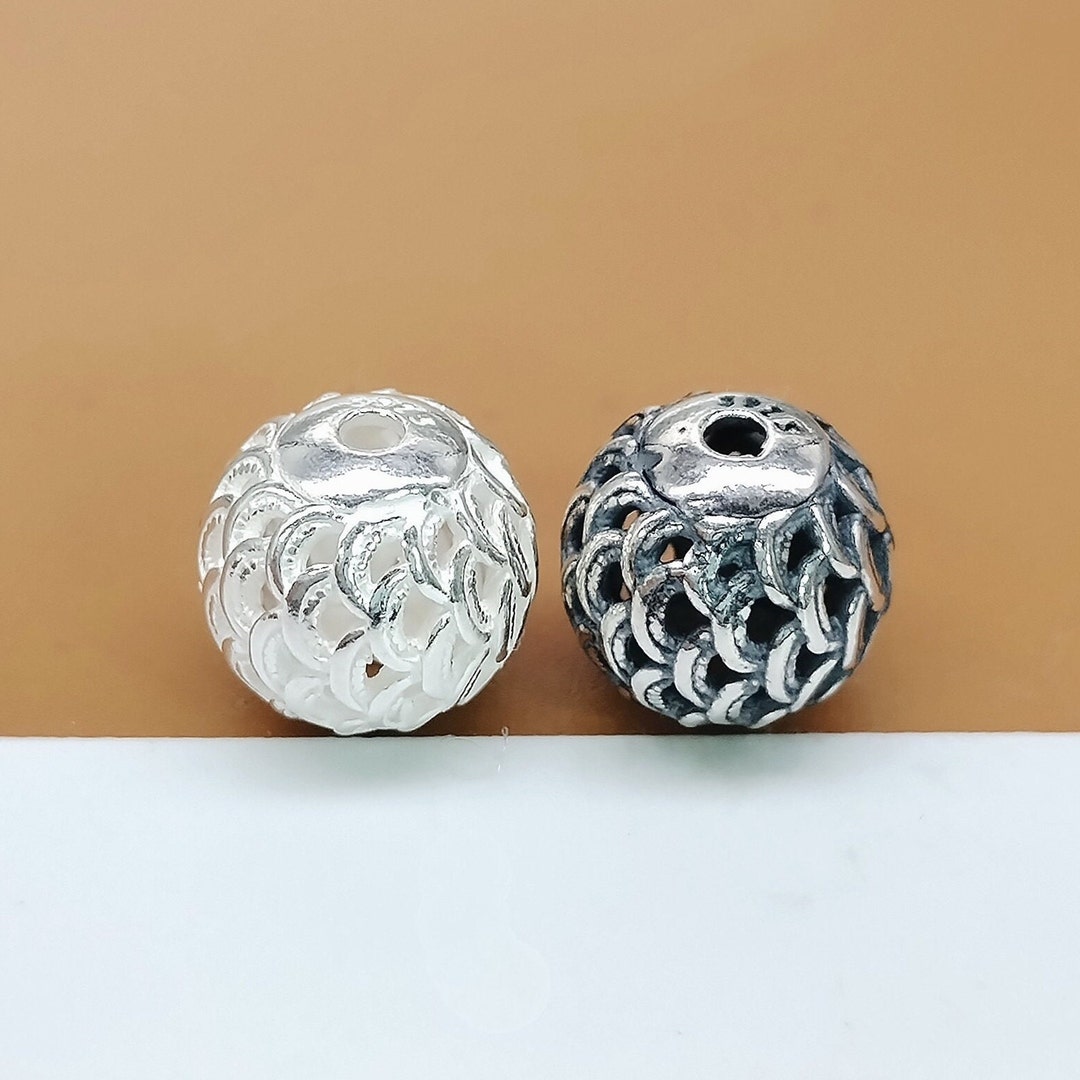 2 Sterling Silver Dragon Scale Beads, 925 Silver Hollow Dragon Round ...