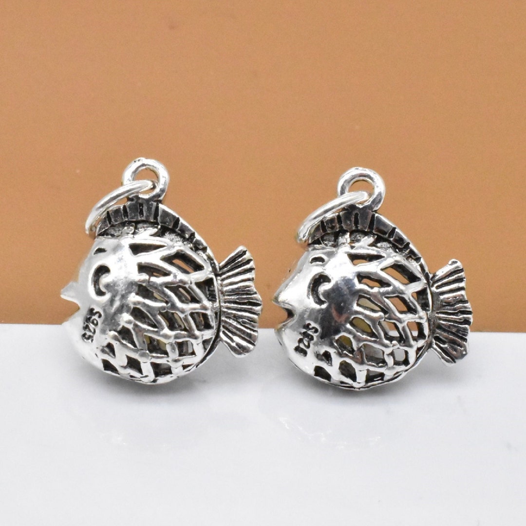 4 Sterling Silver Fish Charms 3D 2-sided, 925 Silver Hollow Fish Charms ...