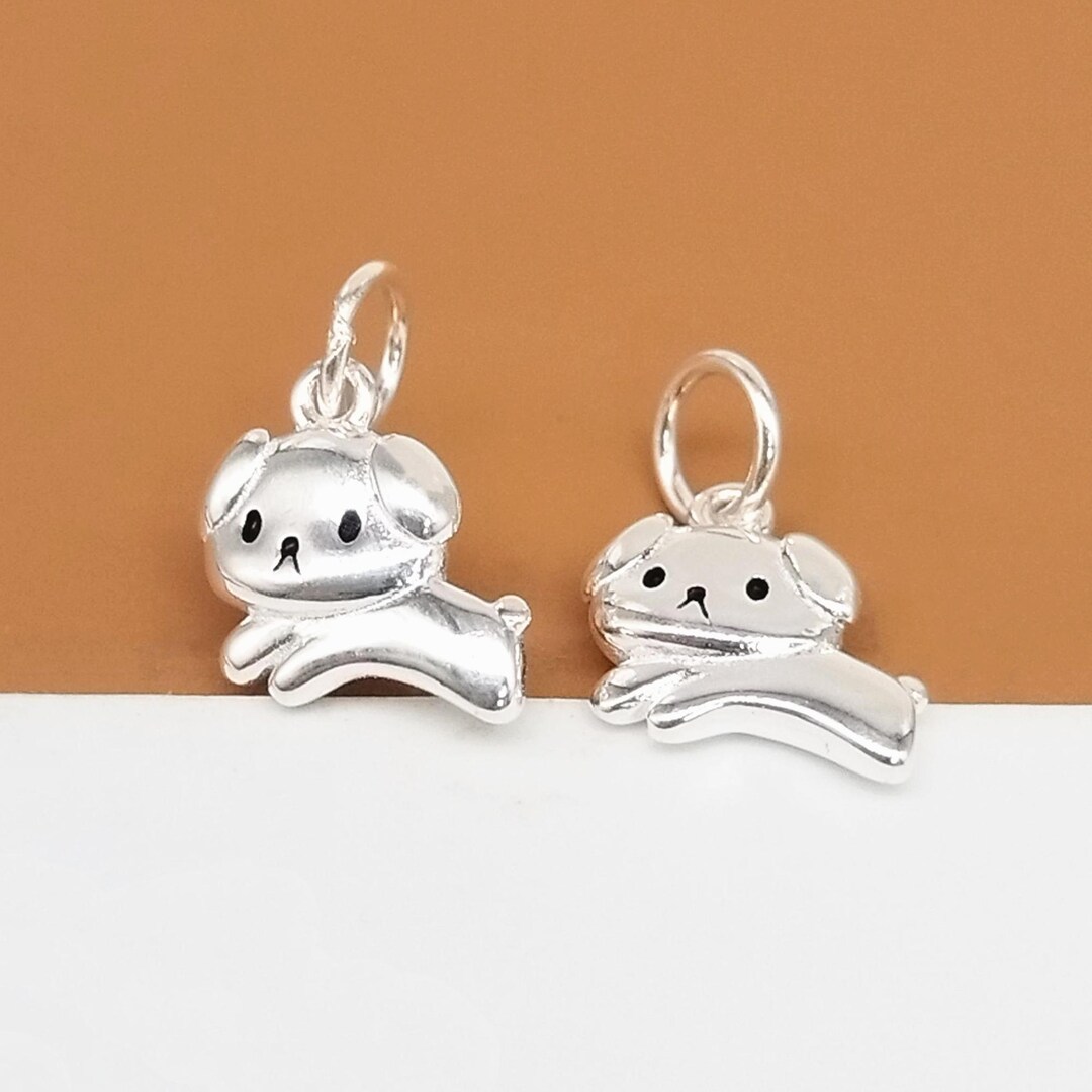 2 Sterling Silver Shiny Dog Charms, 925 Silver Cute Dog Charm, Small ...