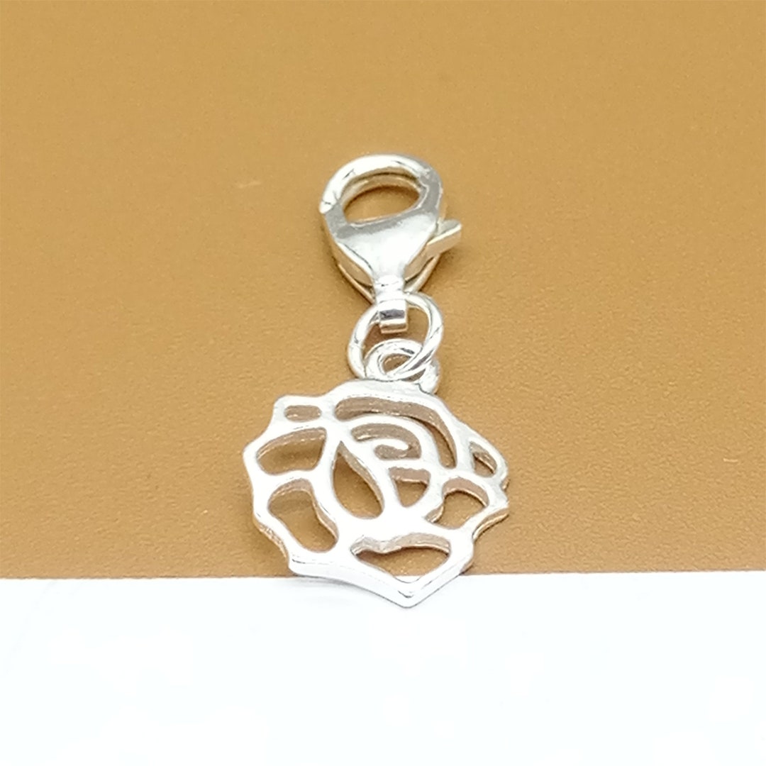 Sterling Silver Rose Flower Clip on Charm, 925 Silver Flower Clip Charm ...