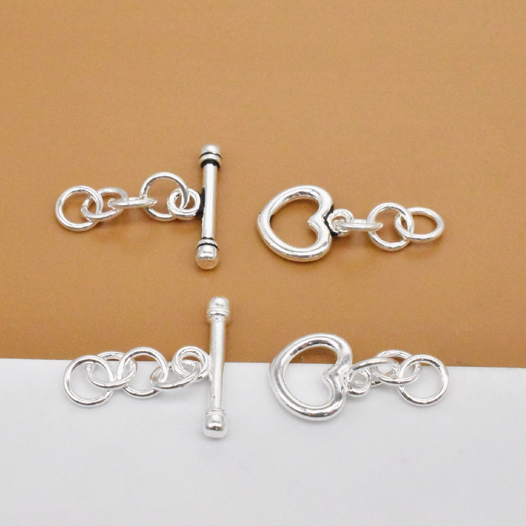 4 Sterling Silver Heart Toggle Clasps W/ Chain, 925 Silver Chain Toggle Clasps, Love Heart ...