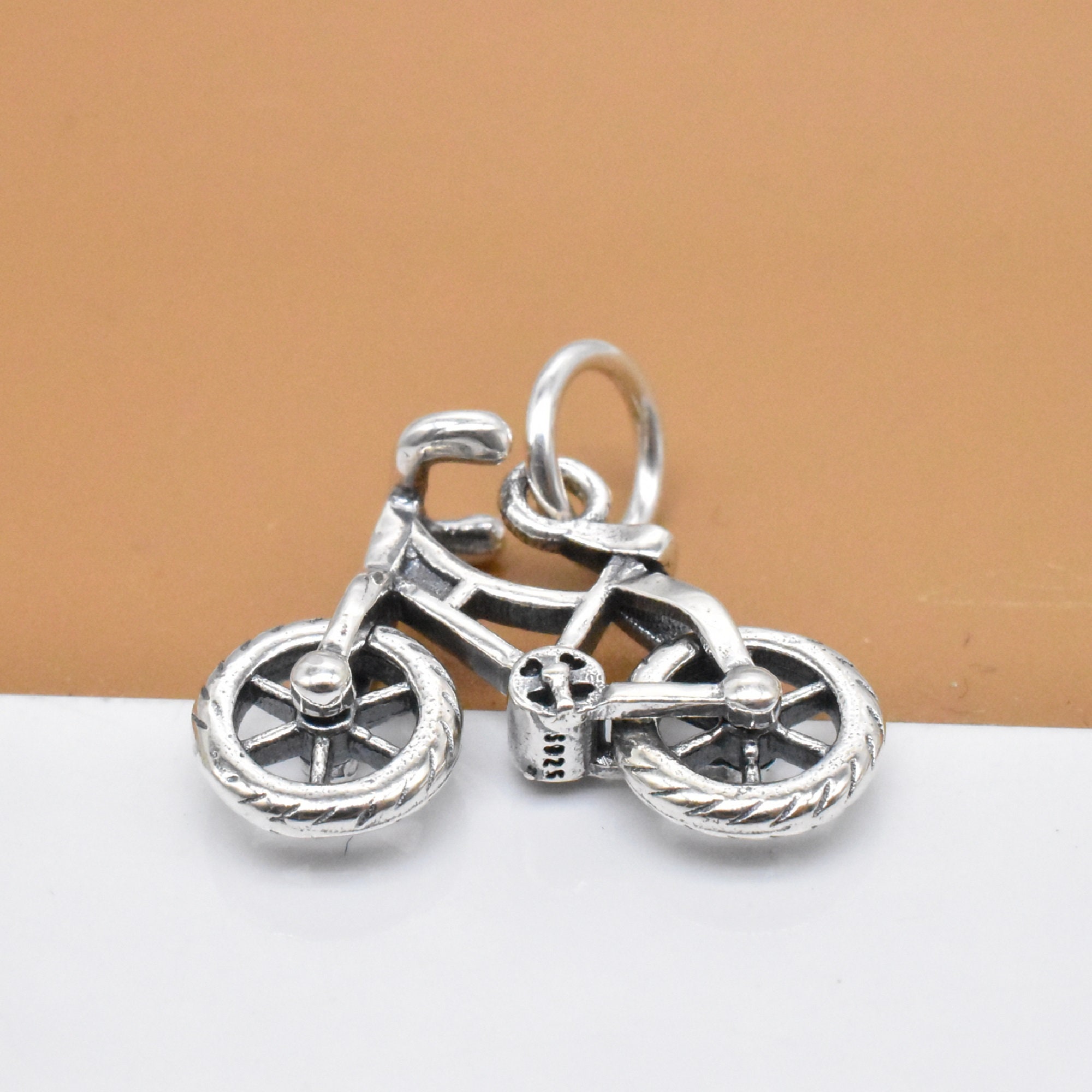 Sterling Silver Bicycle Charm 3D, 925 Silver Bike Charm, Spinning Tire ...