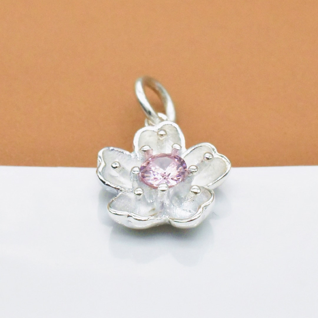 2 Sterling Silver Flower Charms With Pink CZ, 925 Silver Flower Charms ...