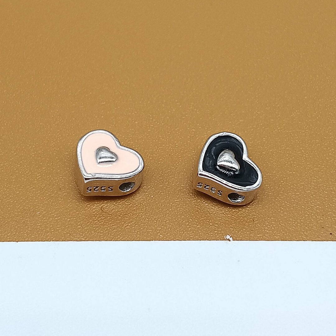 2 Sterling Silver Small Love Heart Beads 2-sided Enamel, 925 Silver ...