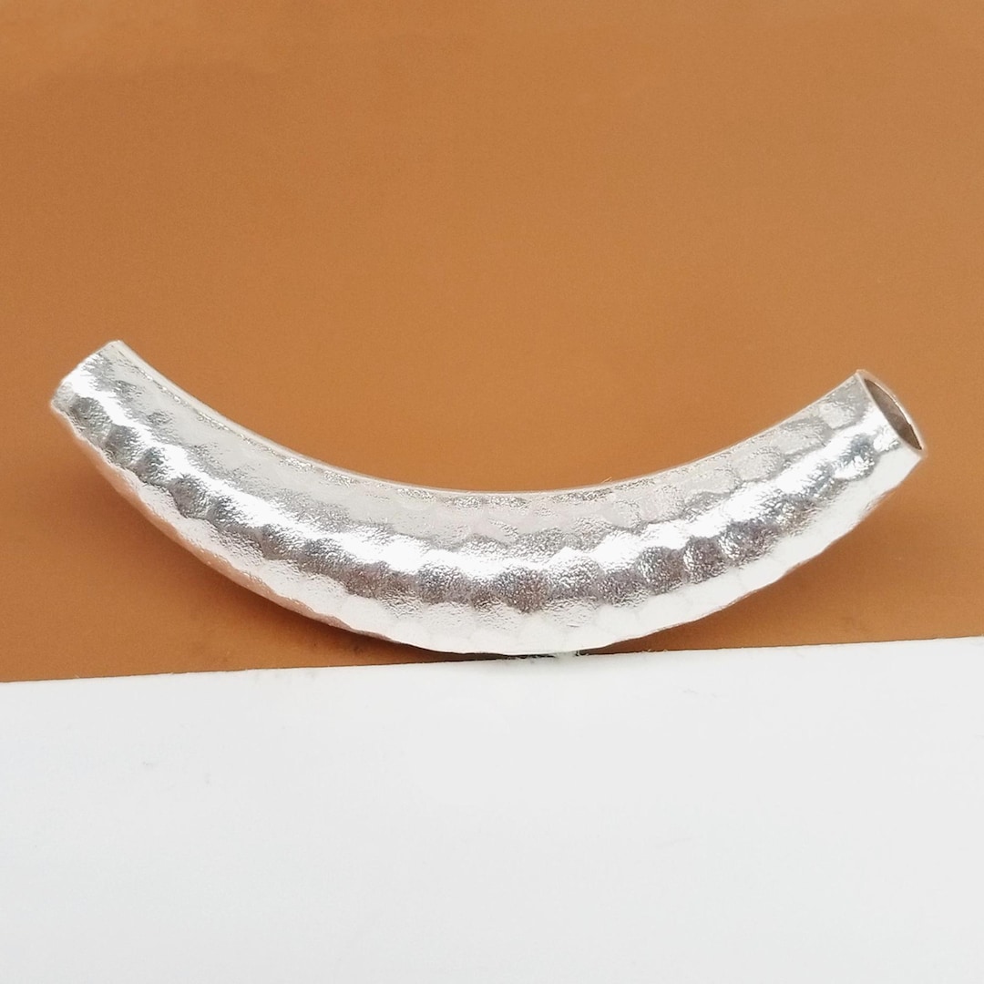 Sterling Silver Hammered Tube Bead, 925 Silver Shiny Curved Hammer Bead ...
