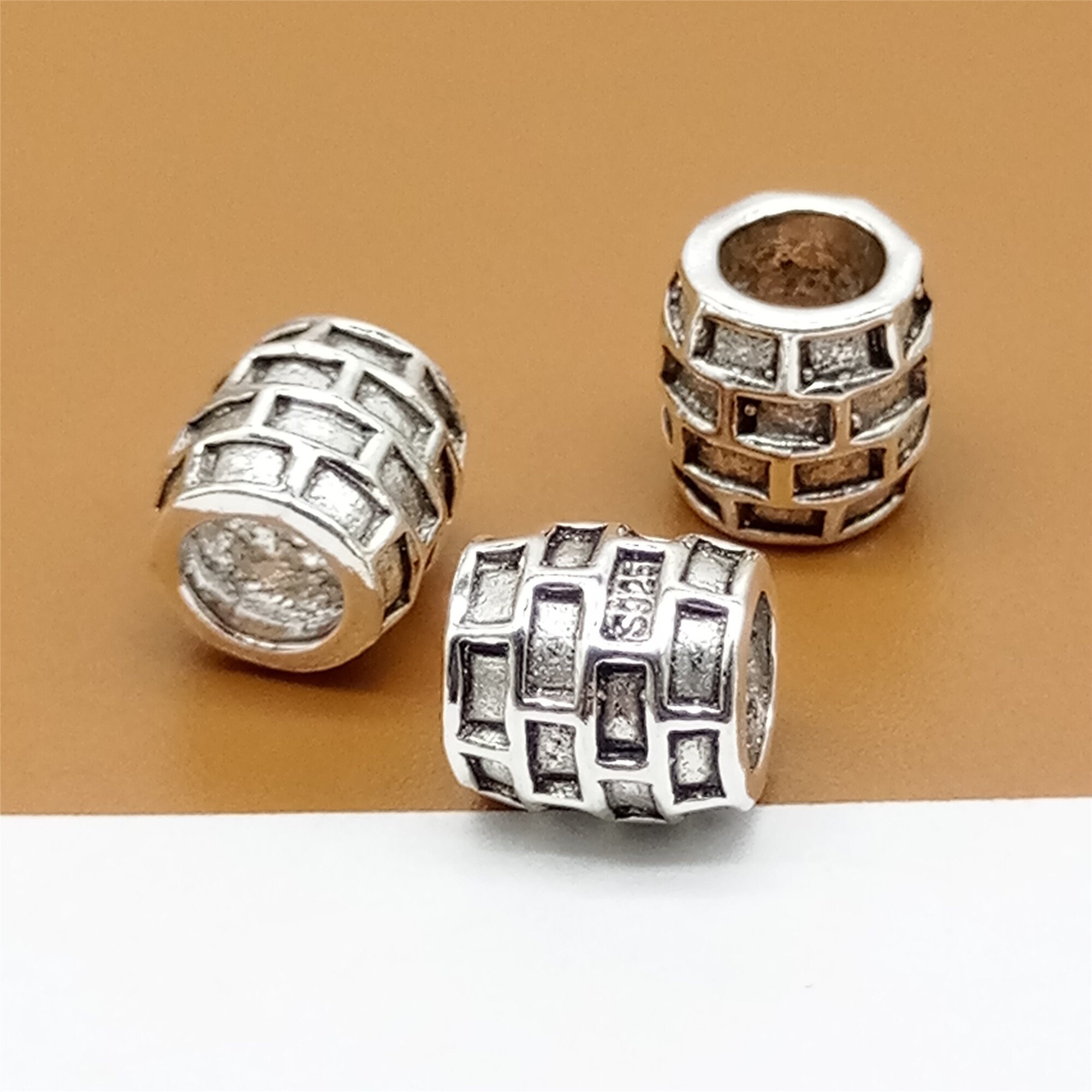 4 Sterling Silver Checkered Beads Large Hole Beads 4.5mm | Etsy
